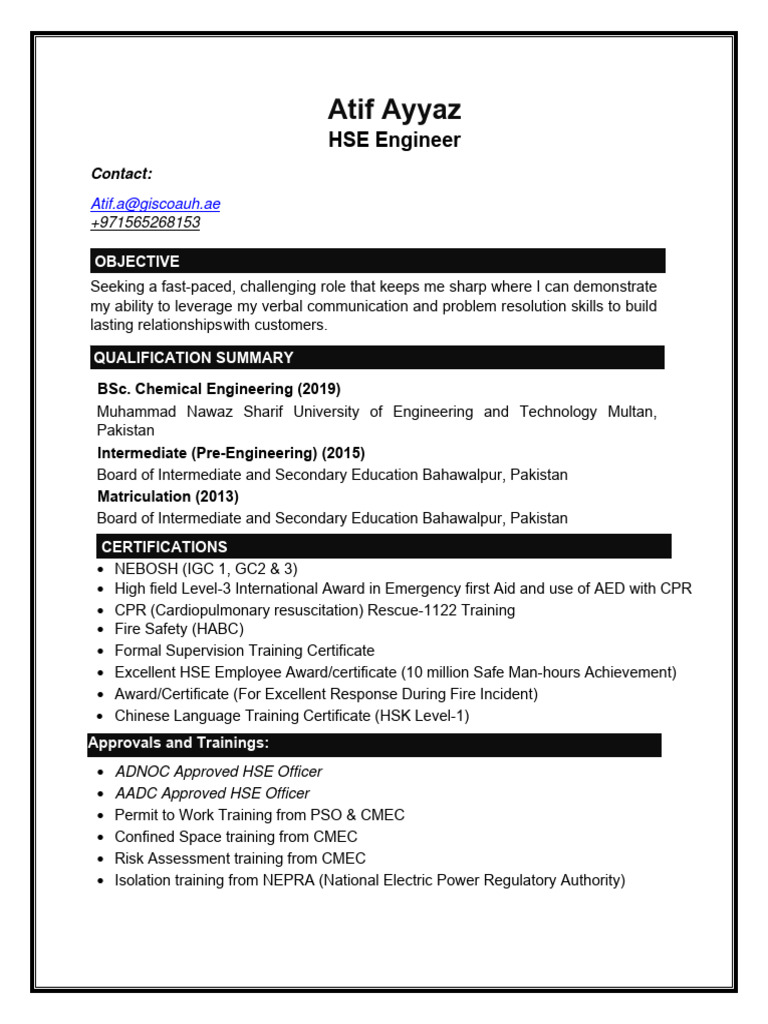 CV HSE Officer Atif 23.08.16 | PDF | Occupational Safety And Health | Audit