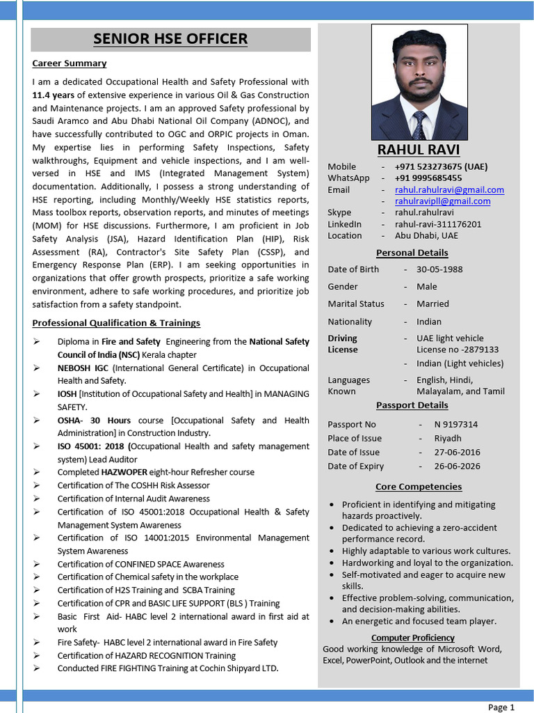 CV HSE Officer Rahul 23.08.16 | PDF | Occupational Safety And Health ...