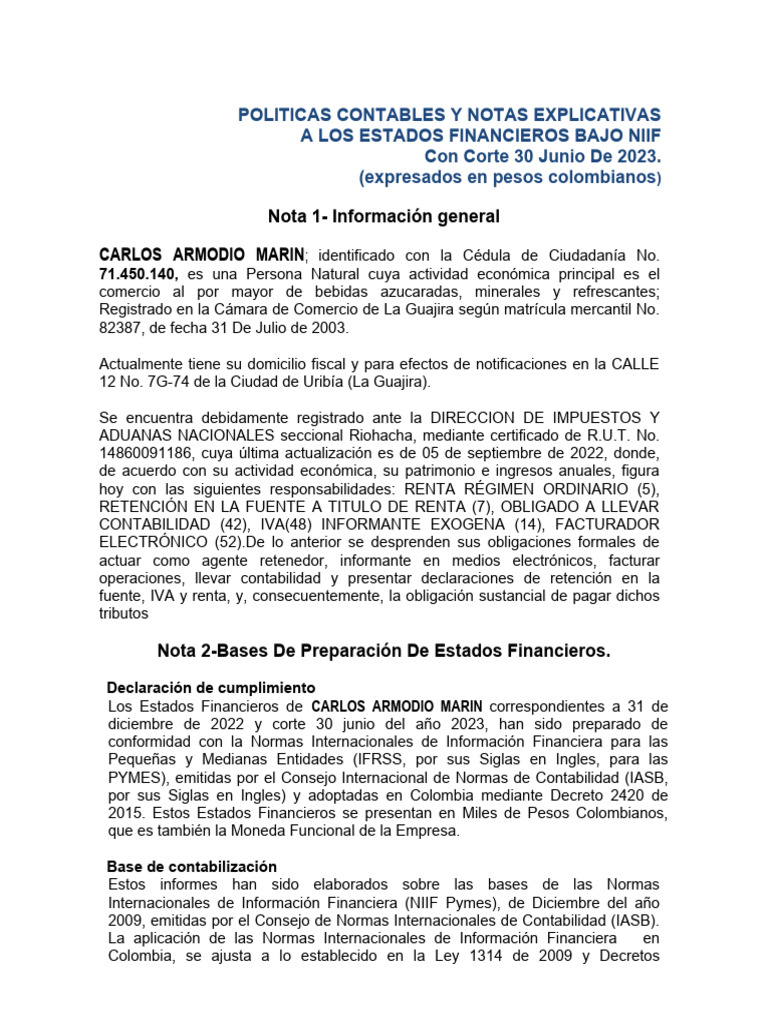 Notas Esf 2022 Jun 2023 | PDF | normas internacionales de INFORMACION FINANCIERA | Contabilidad