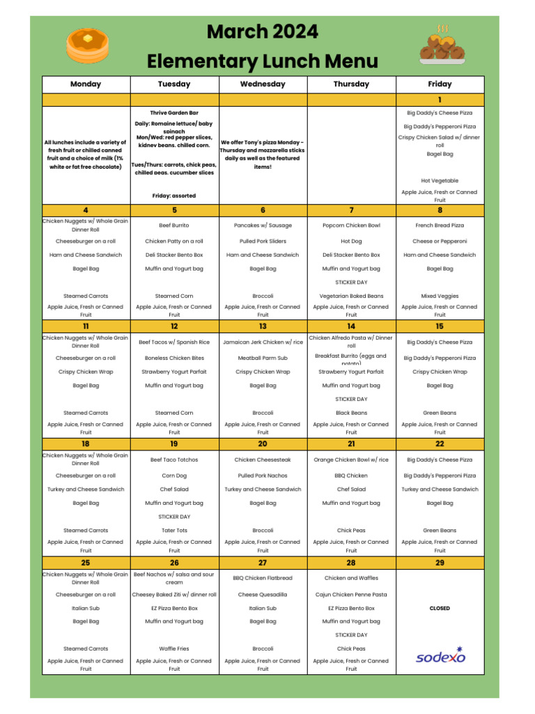 March 2024 Elementary Lunch Menu | PDF | Lunch | Sandwich