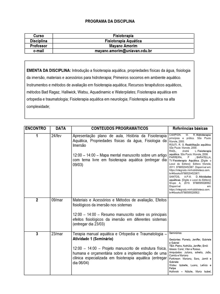 Programa Da Disciplina 2024.1 - Fisioterapia Aquática | PDF | Fisioterapia | Especialidades médicas