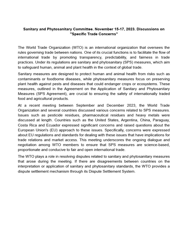 WTO SPS Committee Trade Concerns Meeting | PDF | World Trade ...