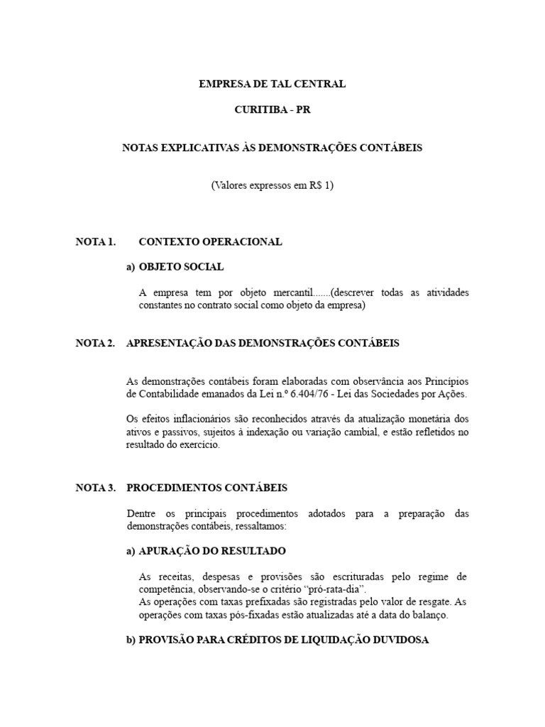 MOD - Modelos de Notas Explicativas | PDF | Contabilidade | Relatório anual