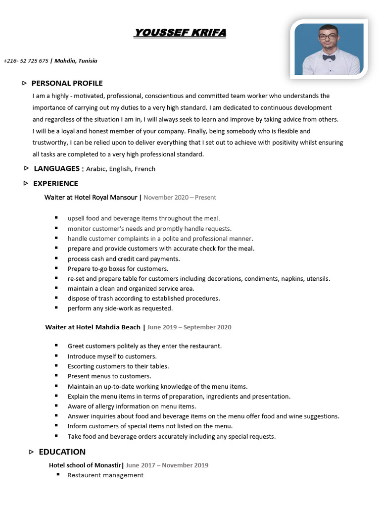Youssef Krifa CV | PDF | Menu | Waiting Staff
