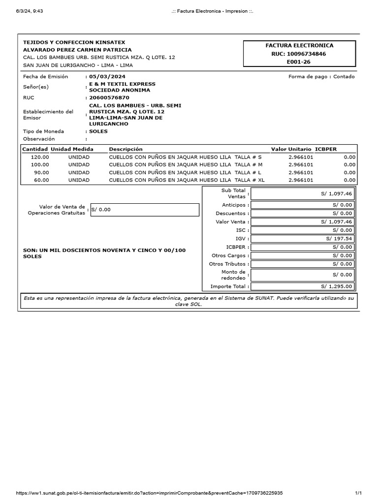 Factura Electronica RUC: 10096734846 E001-26 | Descargar gratis PDF | Tecnología bancaria | Pagos