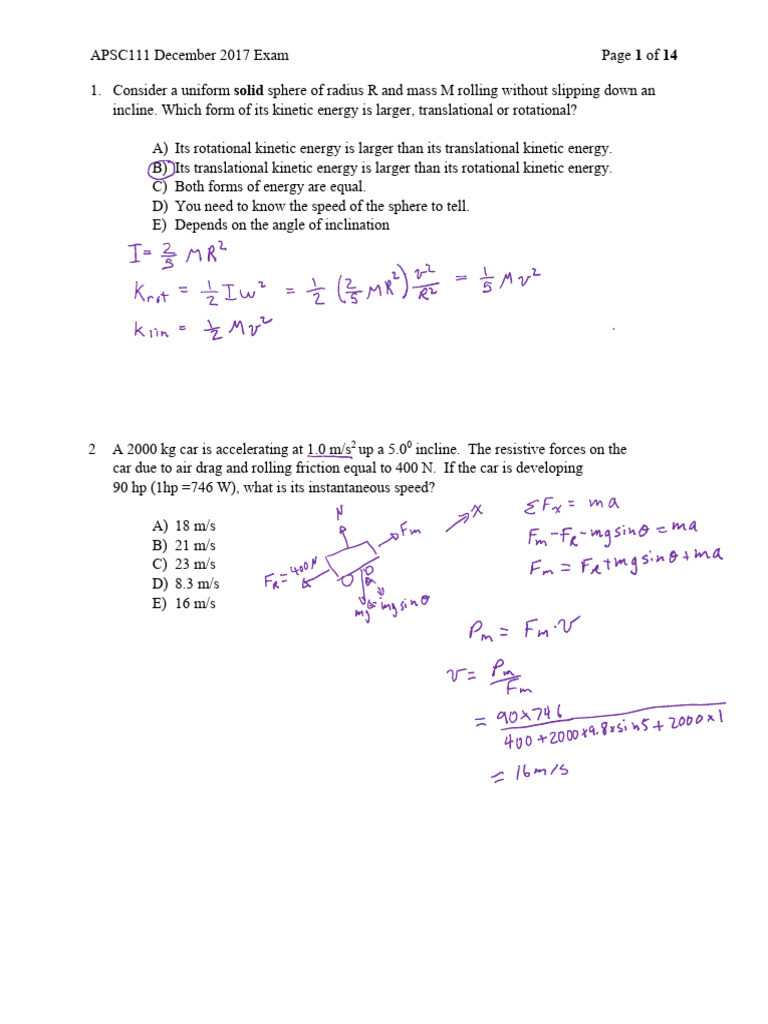 APSC 111 F17 Final Exam Solution Ver 2 | PDF | Velocity | Force