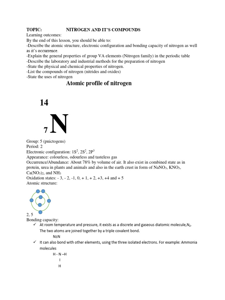 Week 8 Note on Nitrogen and Its Compounds | PDF | Nitrogen | Physical Sciences