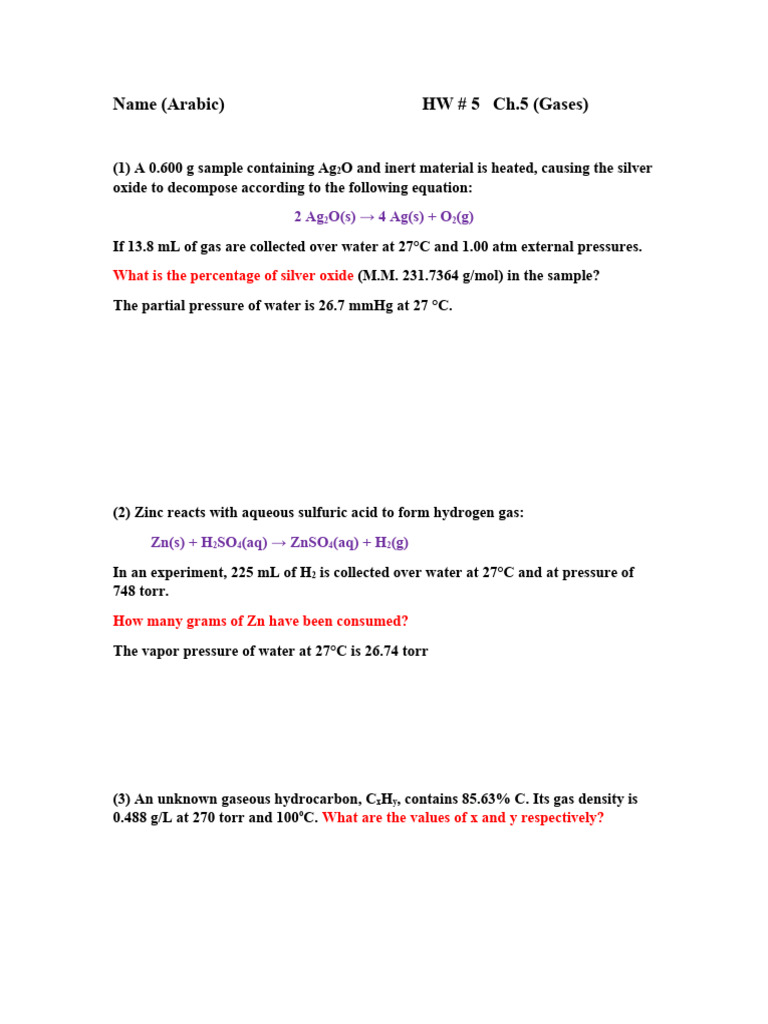 HW Ch5 (Gases) 2023 2024 | PDF | Gases | Water