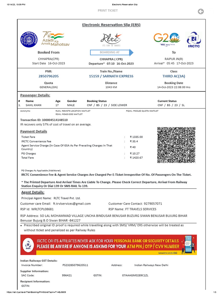 Electronic Reservation Slip | PDF | Identity Document