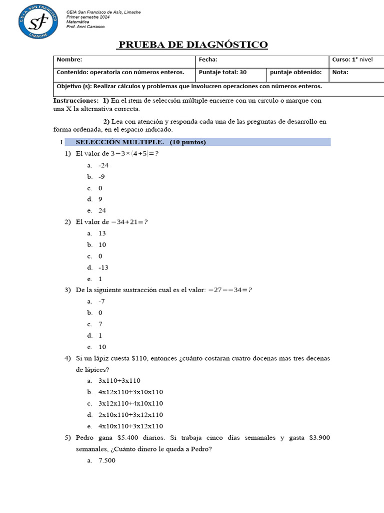 Prueba de Diagnóstico Primer Nivel Matemática 2024 | PDF