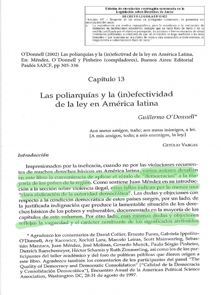 O'Donnell, Guillermo. 2002. Las poliarquías y la (in)efectivdad de la ...