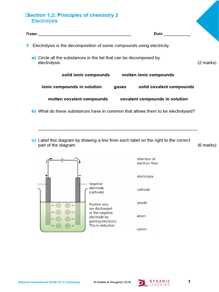 Worksheet Electrolysis | PDF | Redox | Chemical Compounds