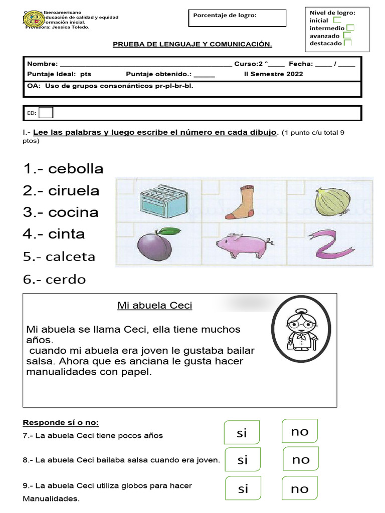 Prueba de Grupos Consonánticos PR, PL, BR, BL | PDF