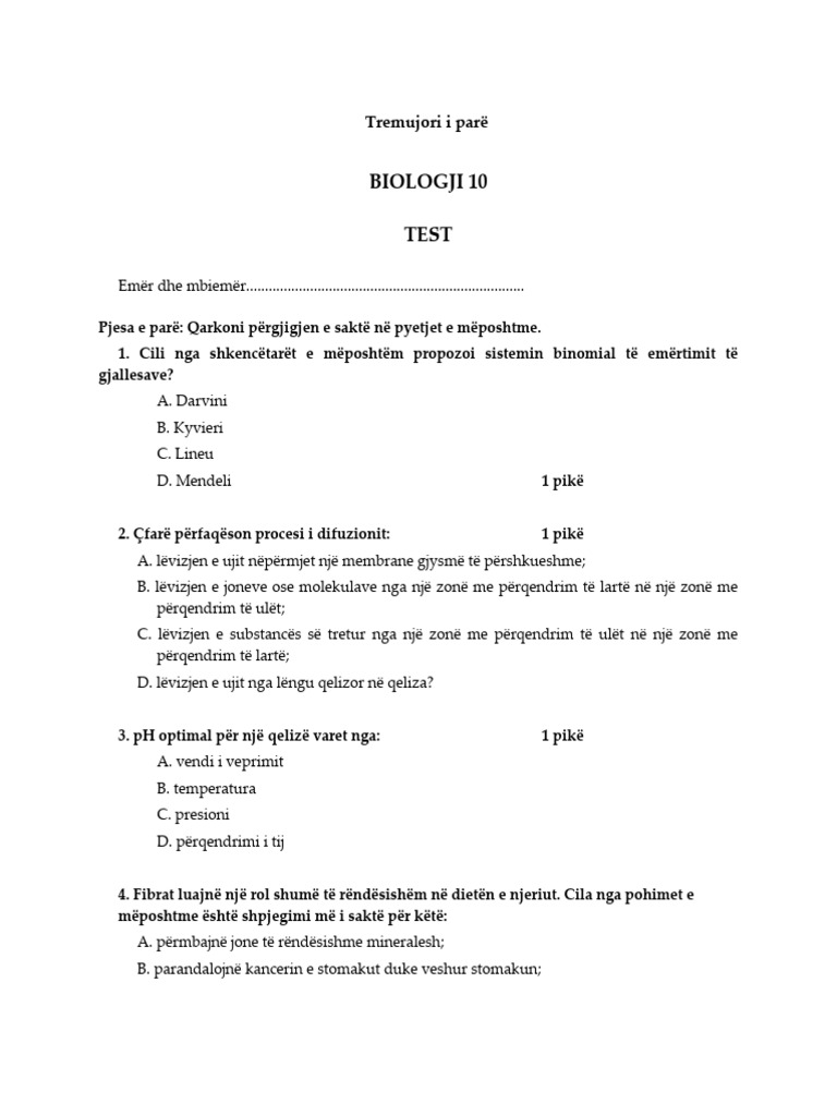TEST TREMUJORI I PARE BIOLOGJI 10 | PDF