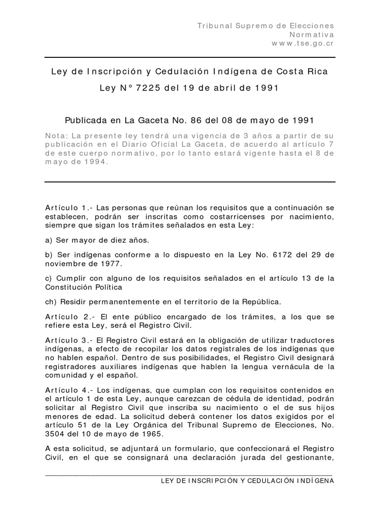 Ley de Inscripción Indígena en Costa Rica | PDF | Justicia | Crimen y ...