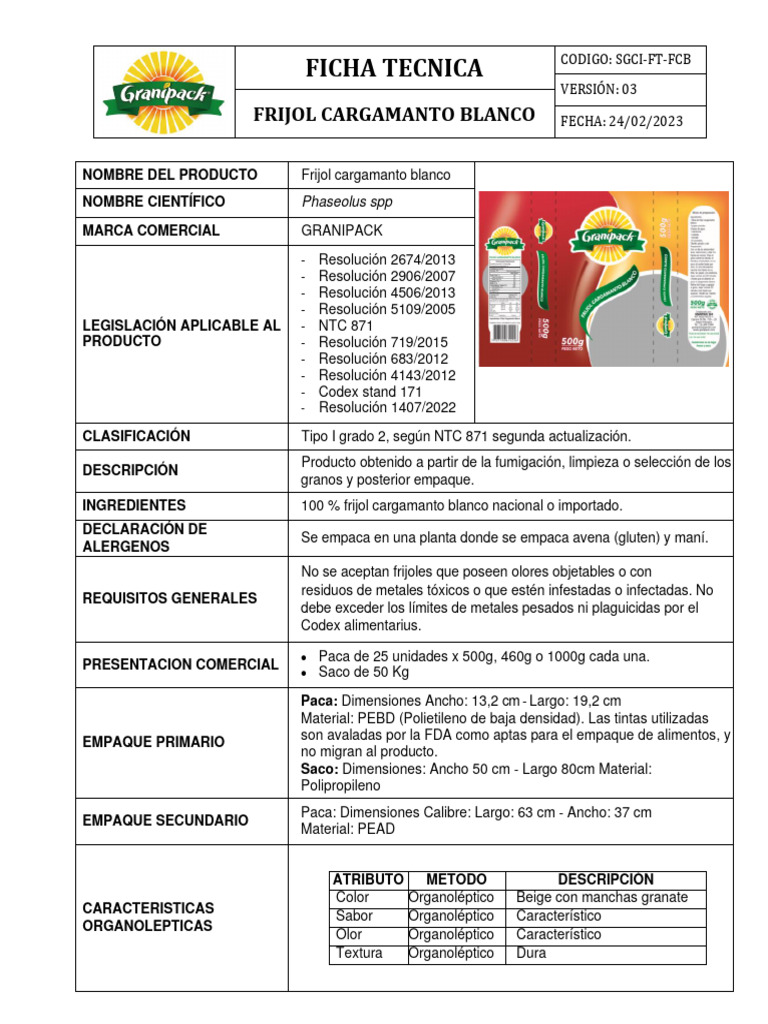 Ficha Tecnica Frijol C. Blanco V3 | PDF