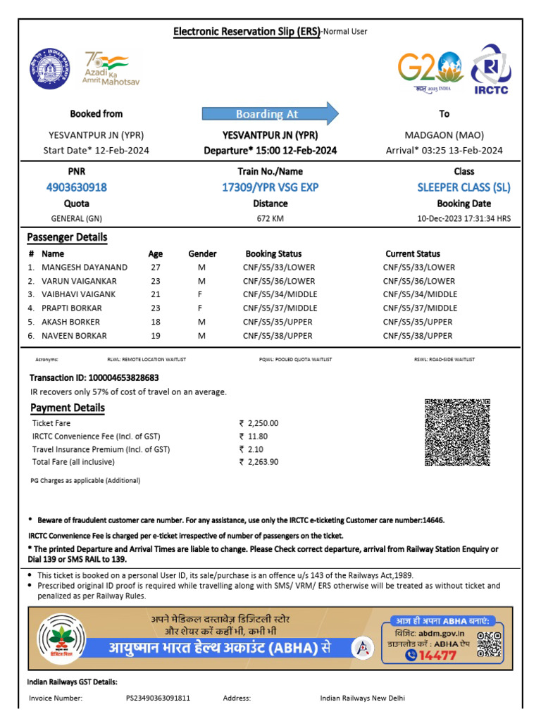 17309/YPR VSG EXP Sleeper Class (SL) | Download Free PDF | Identity Document