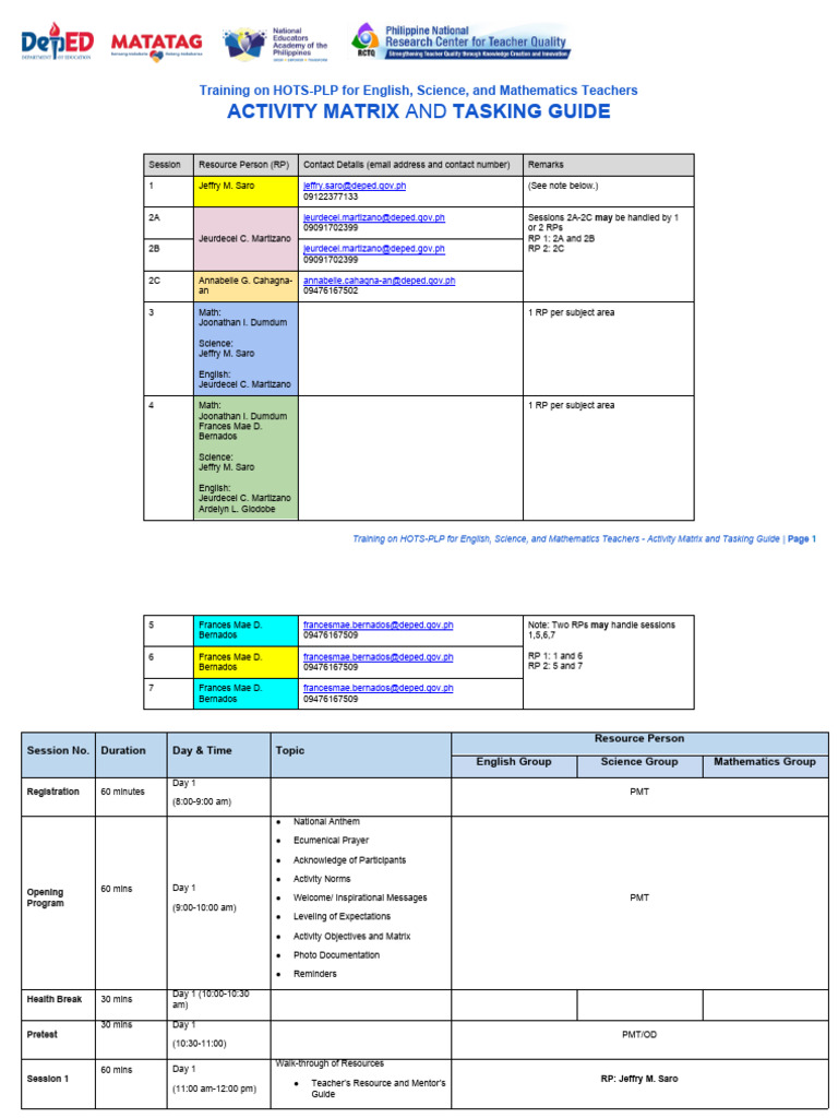 Activity Matrix Rp Tasking Guide Pdf Learning