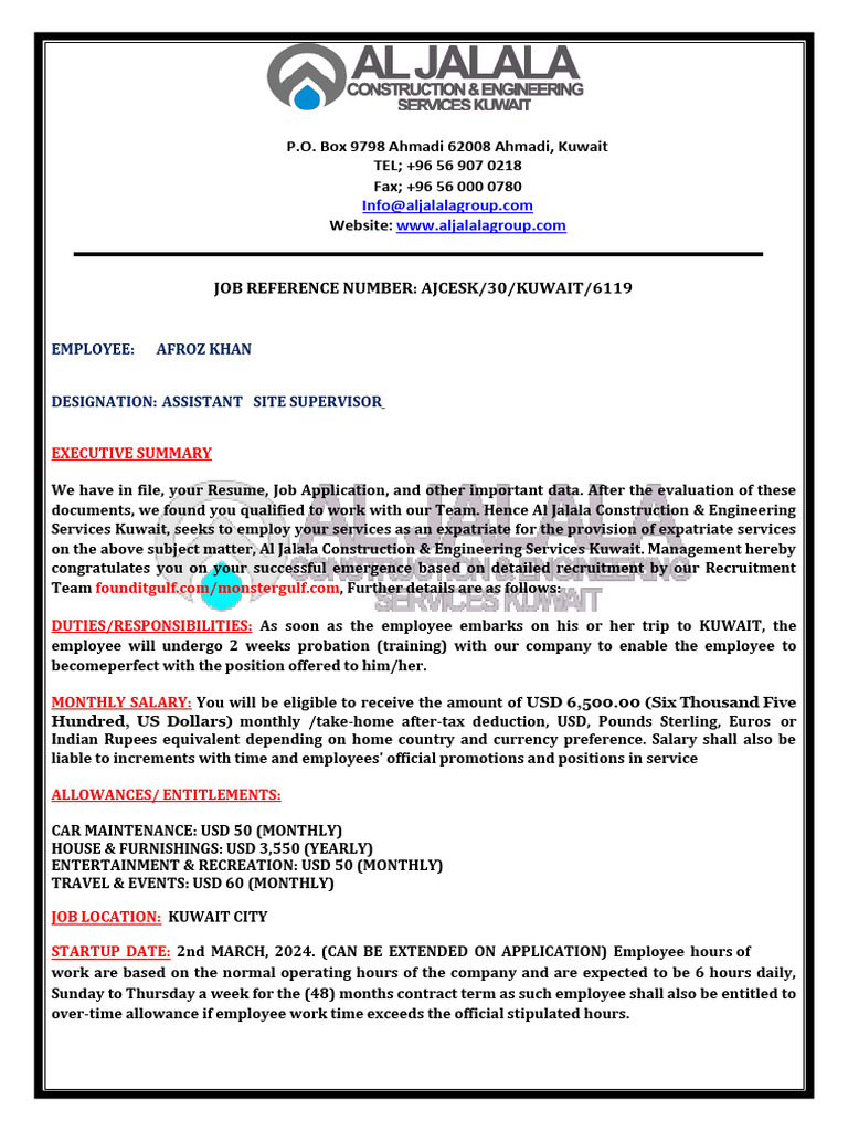 Job Offer: Assistant Site Supervisor | PDF | Employment | United States ...