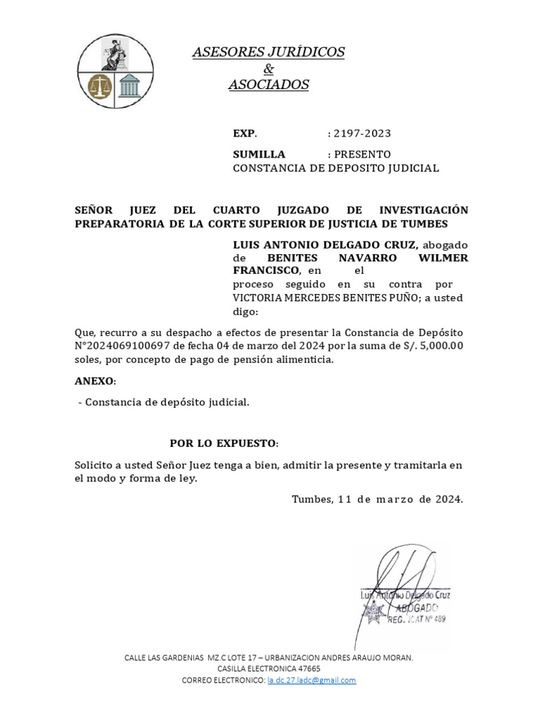 2197-2023 Presento Constancia de Deposito Judicial | PDF