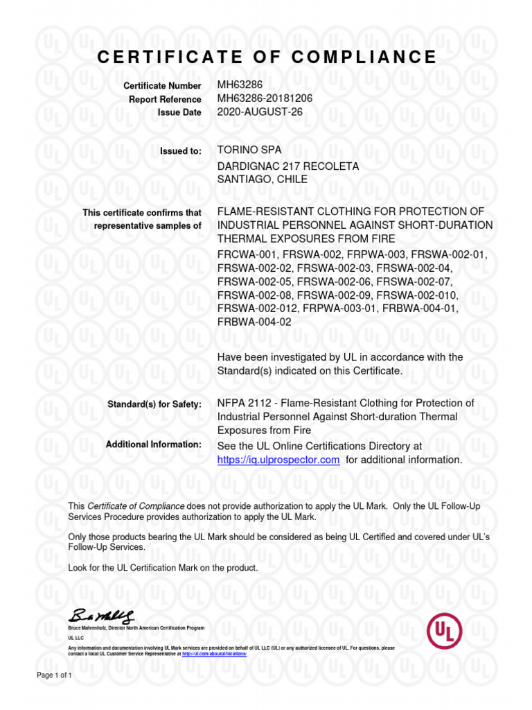 UL CERTIFICATE OF COMPLIANCE MH63286 August-2020 | PDF | Safety