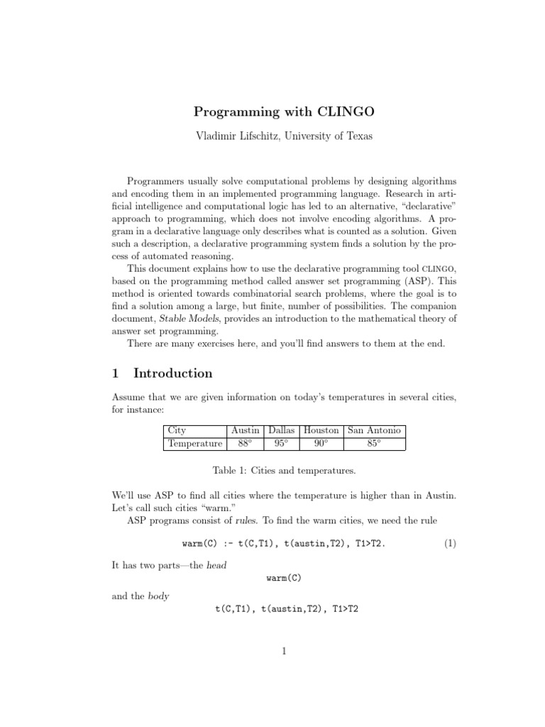 Programming With CLINGO: Vladimir Lifschitz, University of Texas | PDF | Vertex (Graph Theory ...