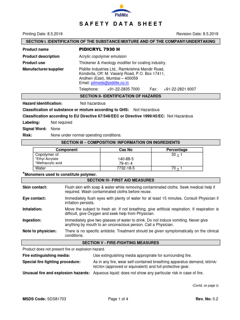 MSDS - PIDICRYL 7930 H CAS No. (1) | PDF | Personal Protective ...