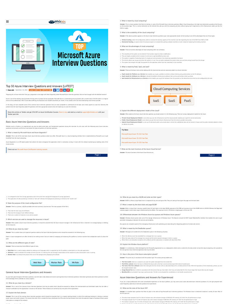 Top 50 Azure Interview Questions & Answers | PDF | Cloud Computing ...