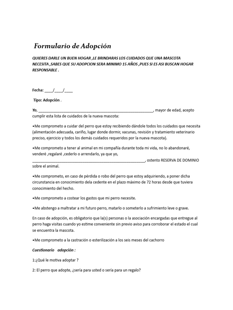 Formulario Adopcion | PDF | Adopción | Mascota