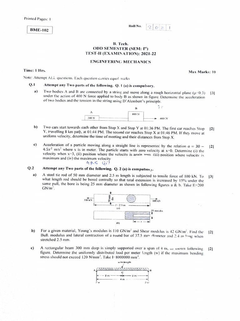 1st sem pyq-1 (1) | PDF | Bending | Mechanics