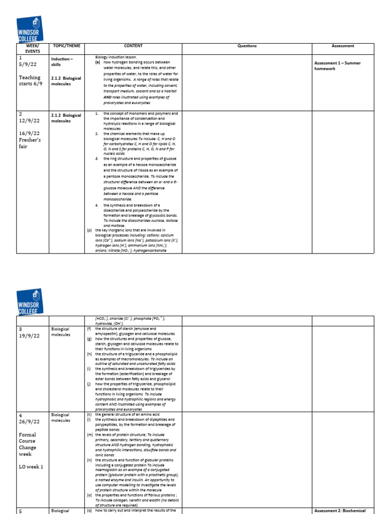 A1 Biology Assessement Plan 2022-23 | PDF | Meiosis | Cell Membrane
