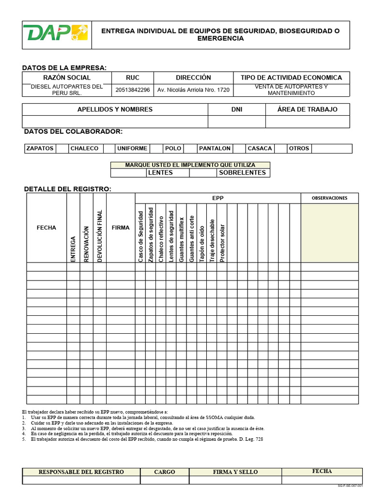 SG-F-SE-007-001 Entrega de EPP y Uniforme DAP Mtto | PDF