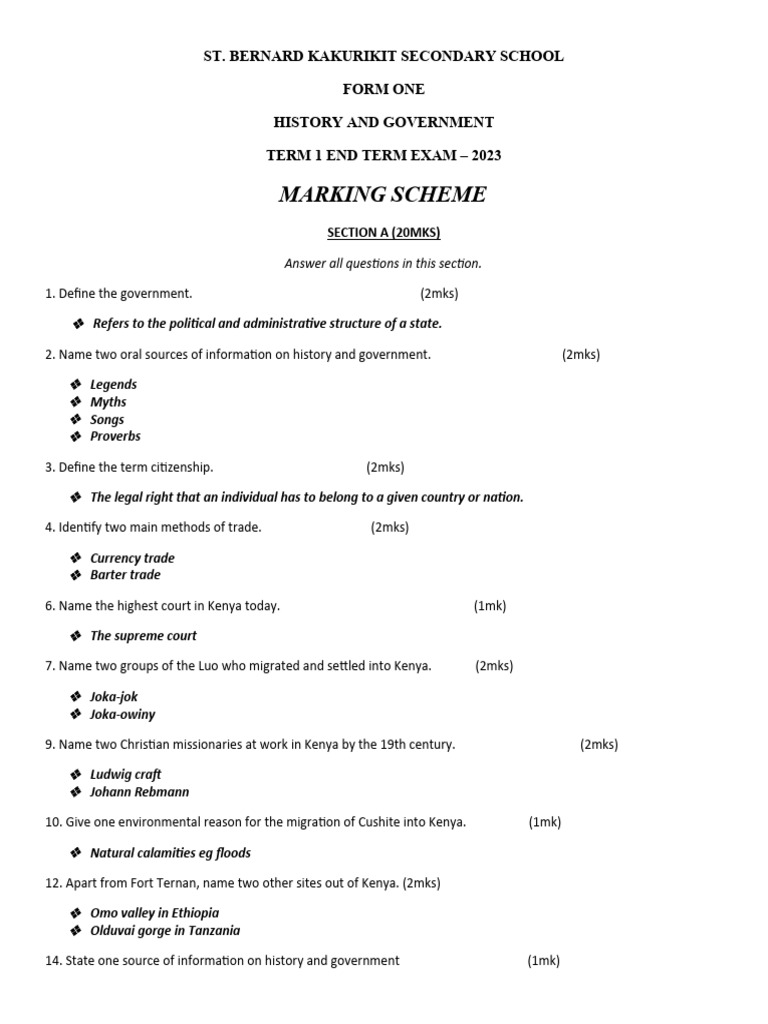 History Form 2 Marking Scheme | PDF | Kenya