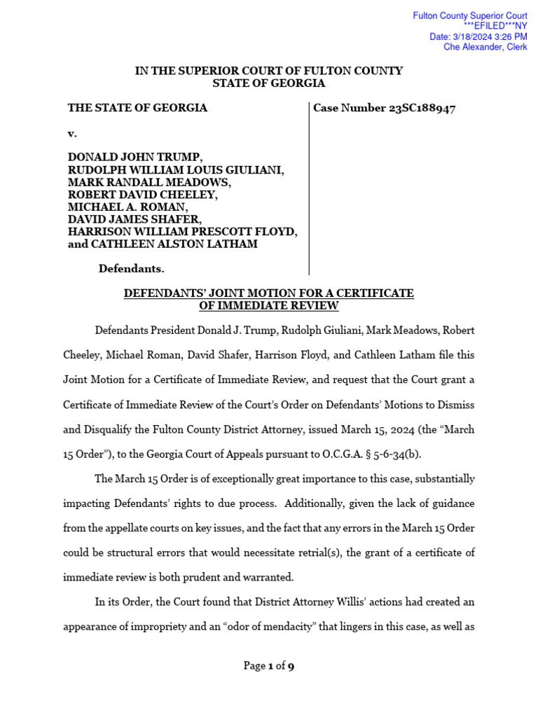 Trump, Other Defendants File New Motion To Remove Willis From Case ...