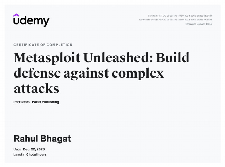 Metasploit Unleashed Completion Certificate | PDF