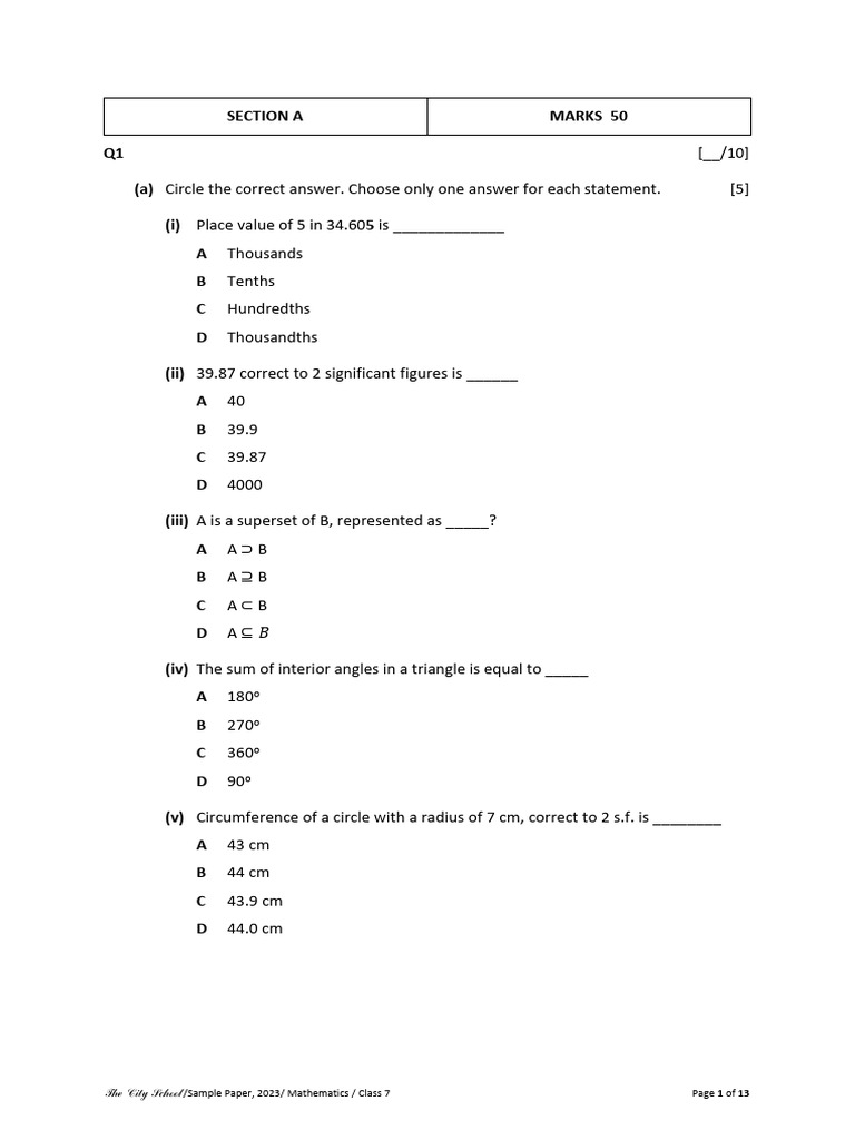 Class 7 Maths Sample Paper 2023 | PDF | Circle | Cakes