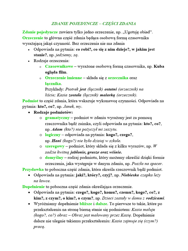 Części Zdania - Notatka | PDF
