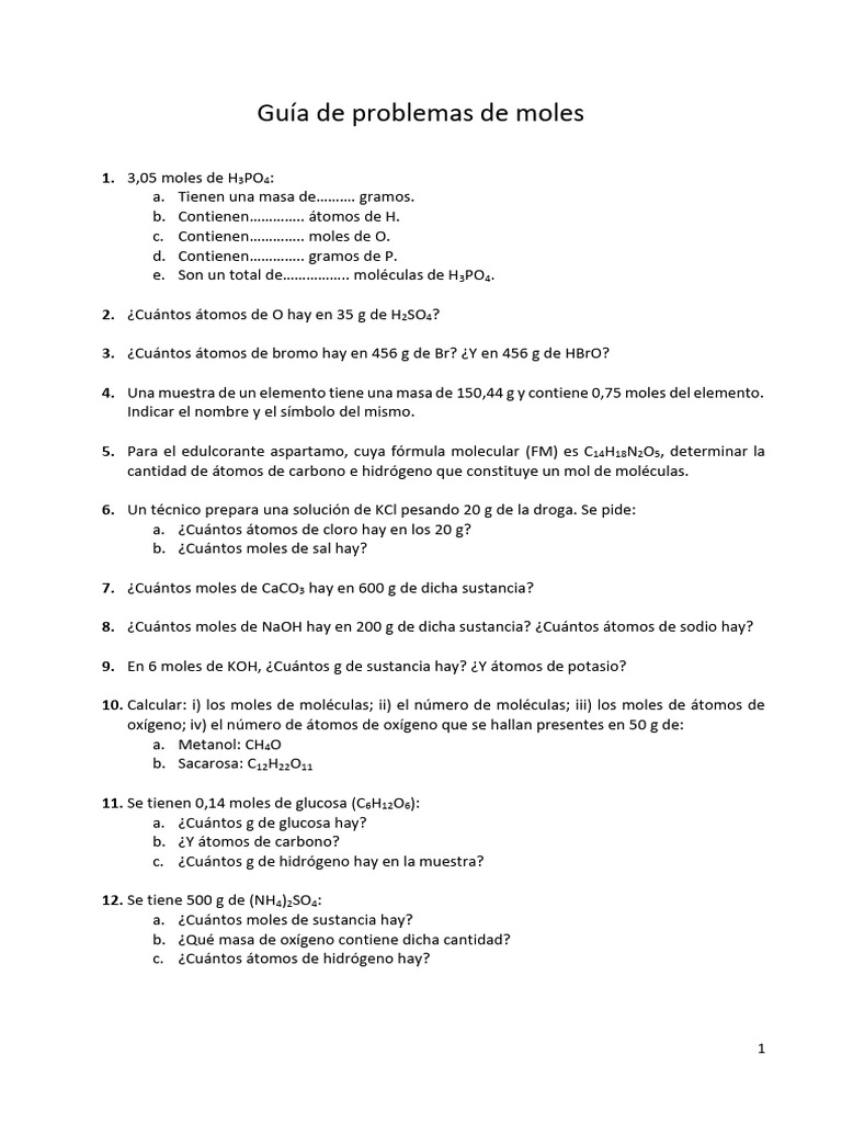 Guía de Problemas de Moles | PDF | Mole (Unidad) | Paladio