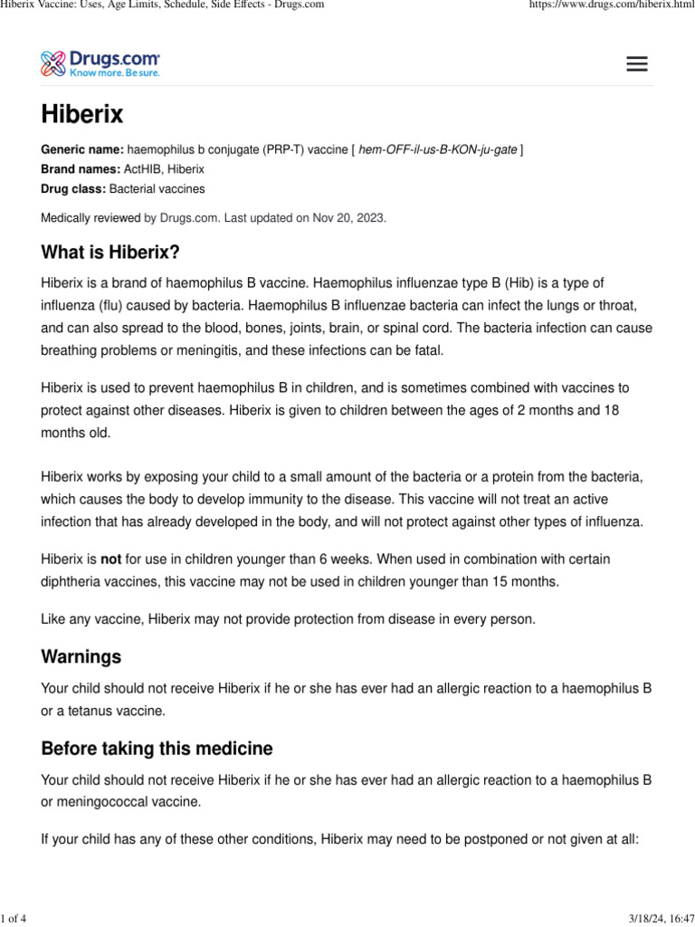 Hiberix Vaccine Uses, Age Limits, Schedule, Side Effects | PDF ...