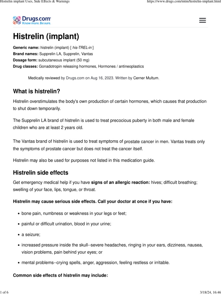 Histrelin Implant Uses, Side Effects & Warnings | Download Free PDF ...