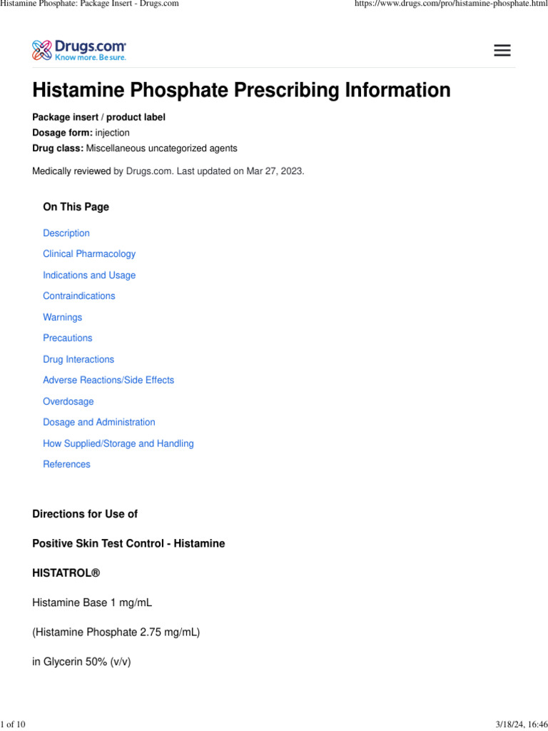 Histamine Phosphate Package Insert - Drugs.com | PDF | Injection ...