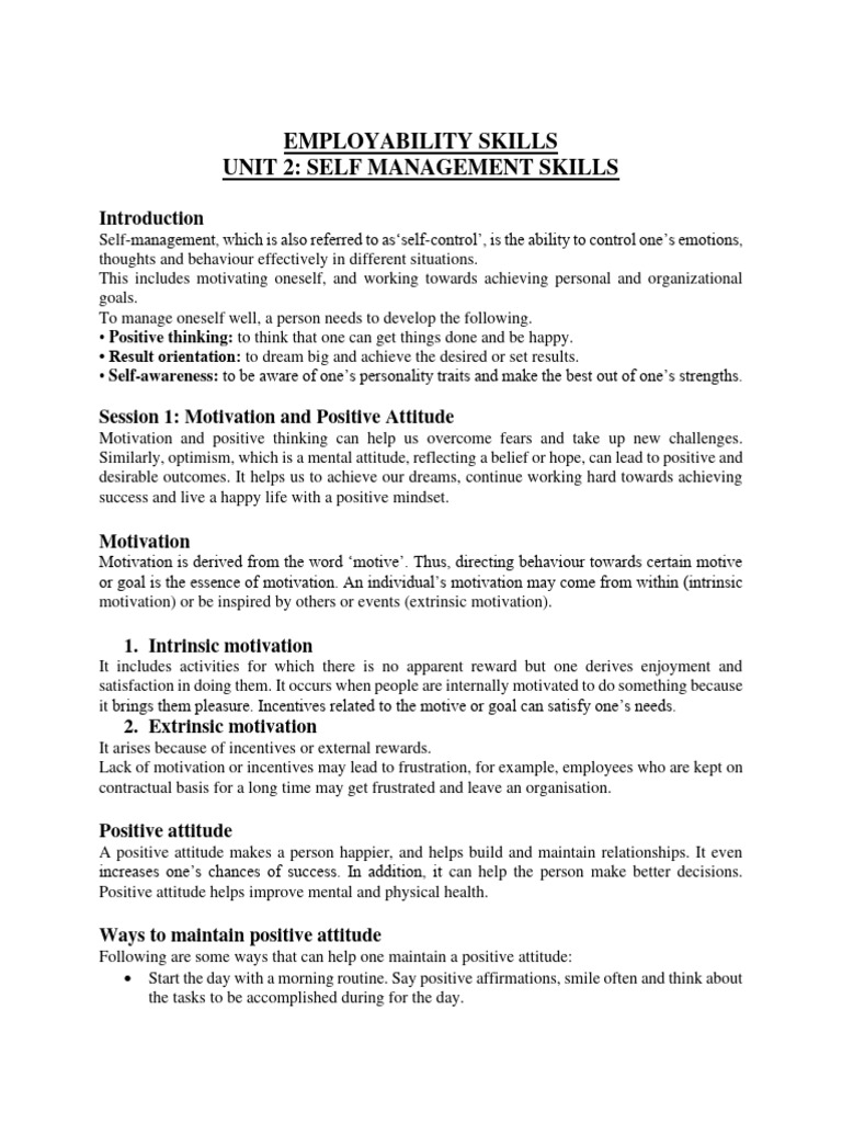 Unit-2 Self Management Skills | PDF | Personality Disorder | Motivational