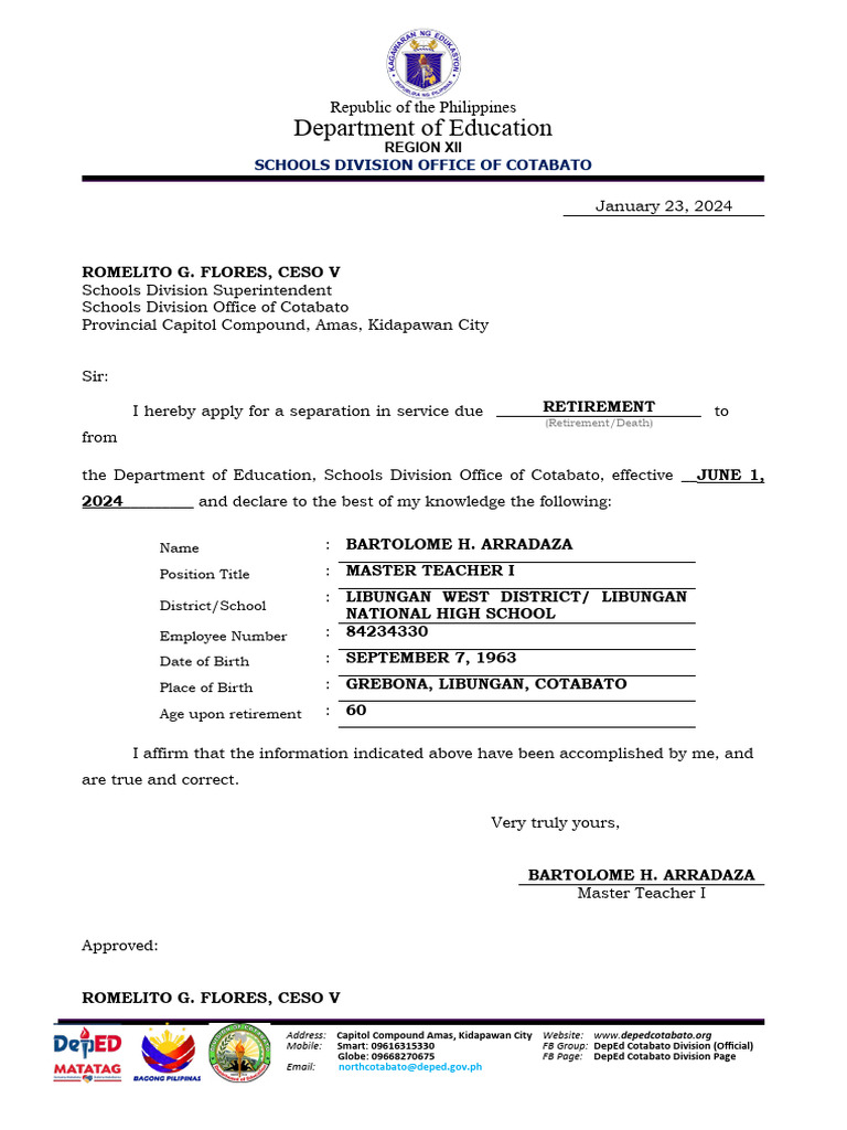 Letter of Intent To Retire Death Claim Sir Bart | PDF