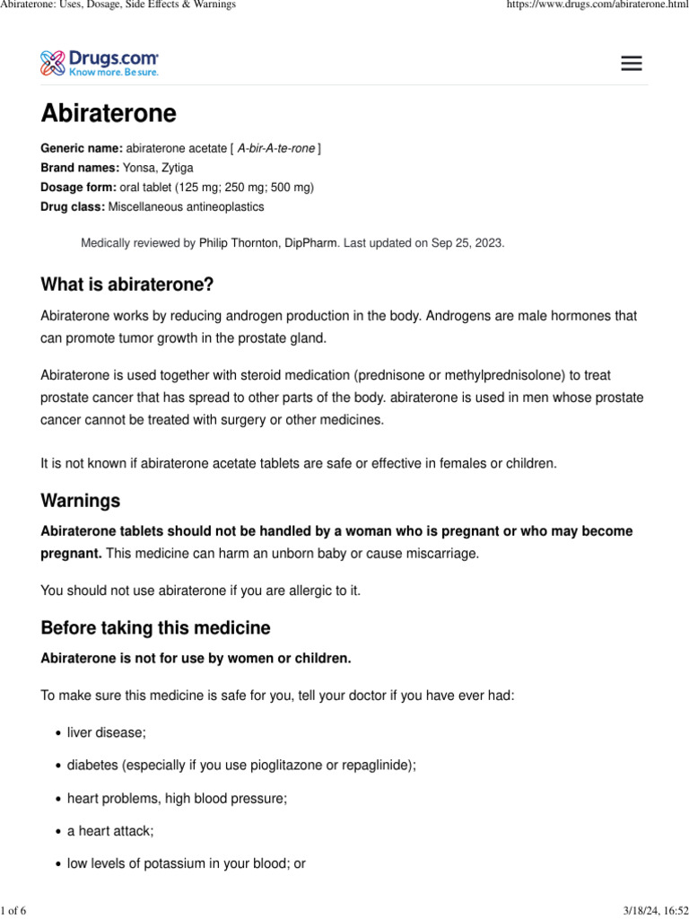Abiraterone: Prostate Cancer Treatment Guide | PDF | Dose (Biochemistry ...