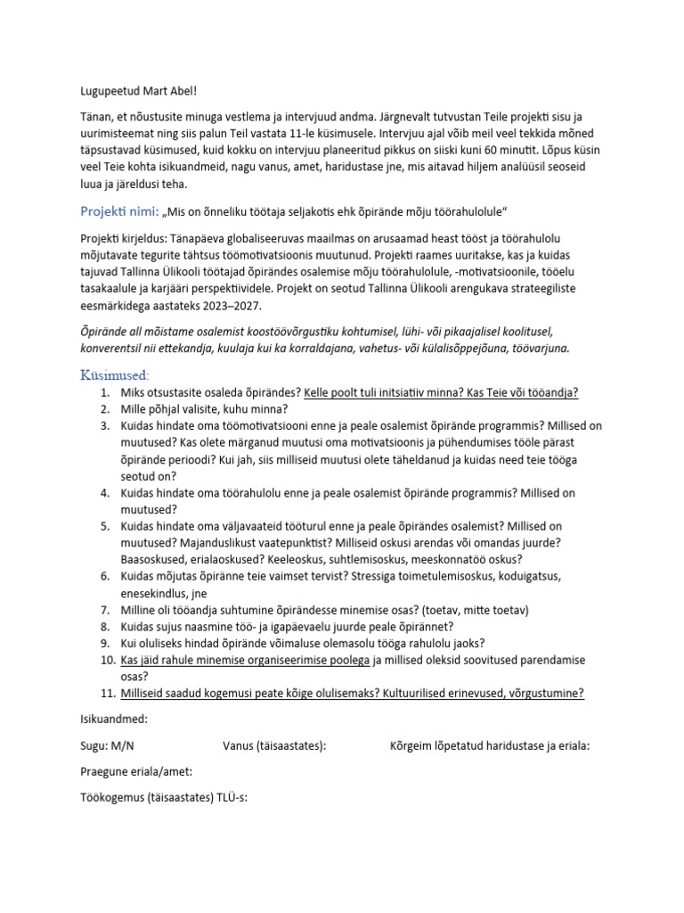 Intervjuu Küsimused | PDF
