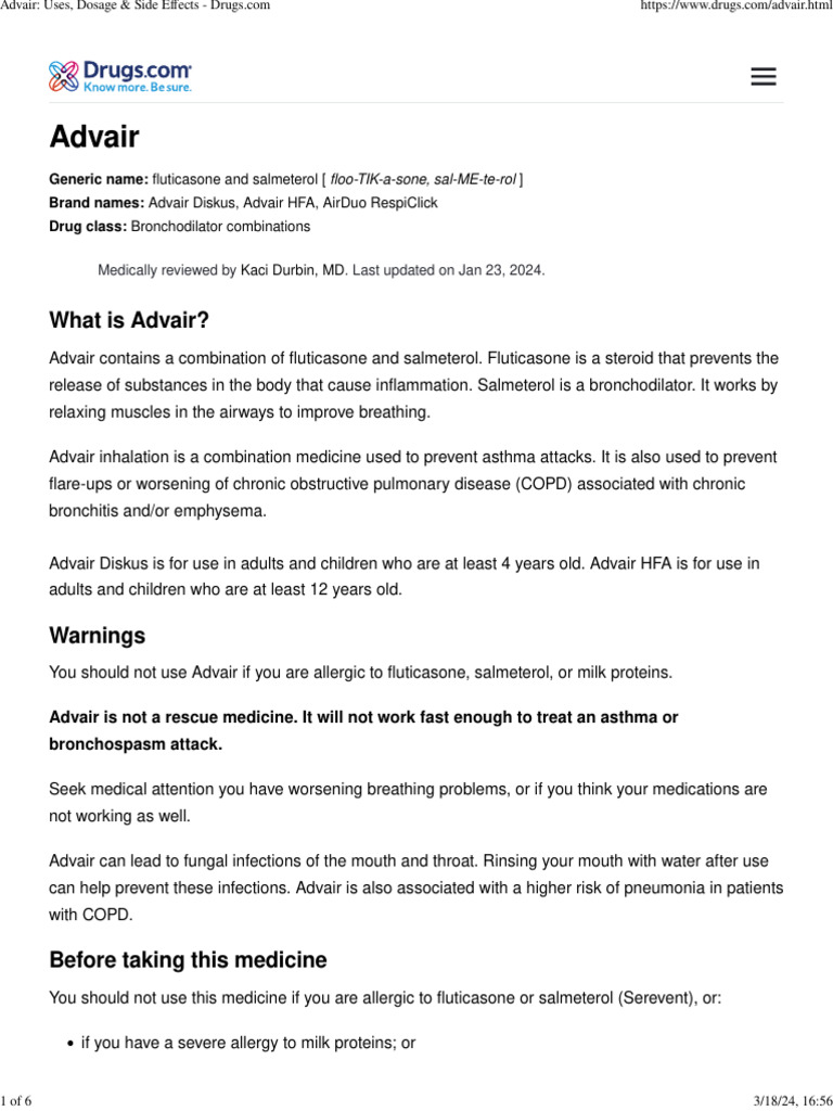 Advair Uses, Dosage & Side Effects - Drugs.com | PDF | Asthma | Chronic ...