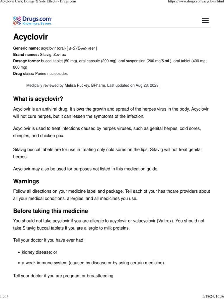 Acyclovir Uses, Dosage & Side Effects - Drugs.com | PDF | Medicine ...