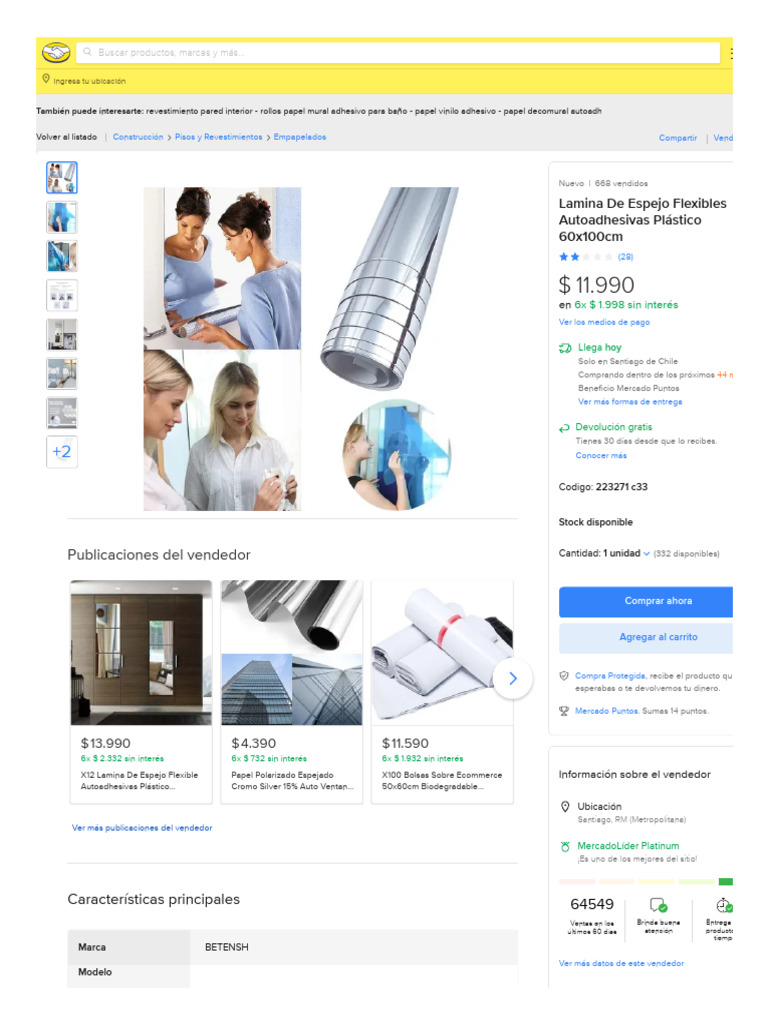 Lamina de Espejo Flexibles Autoadhesivas Plástico 60x100cm - Cuotas Sin ...