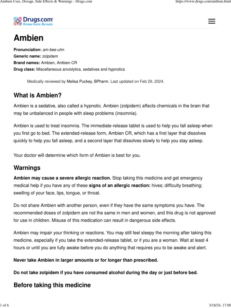 Ambien Uses, Dosage, Side Effects & Warnings | PDF | Insomnia ...
