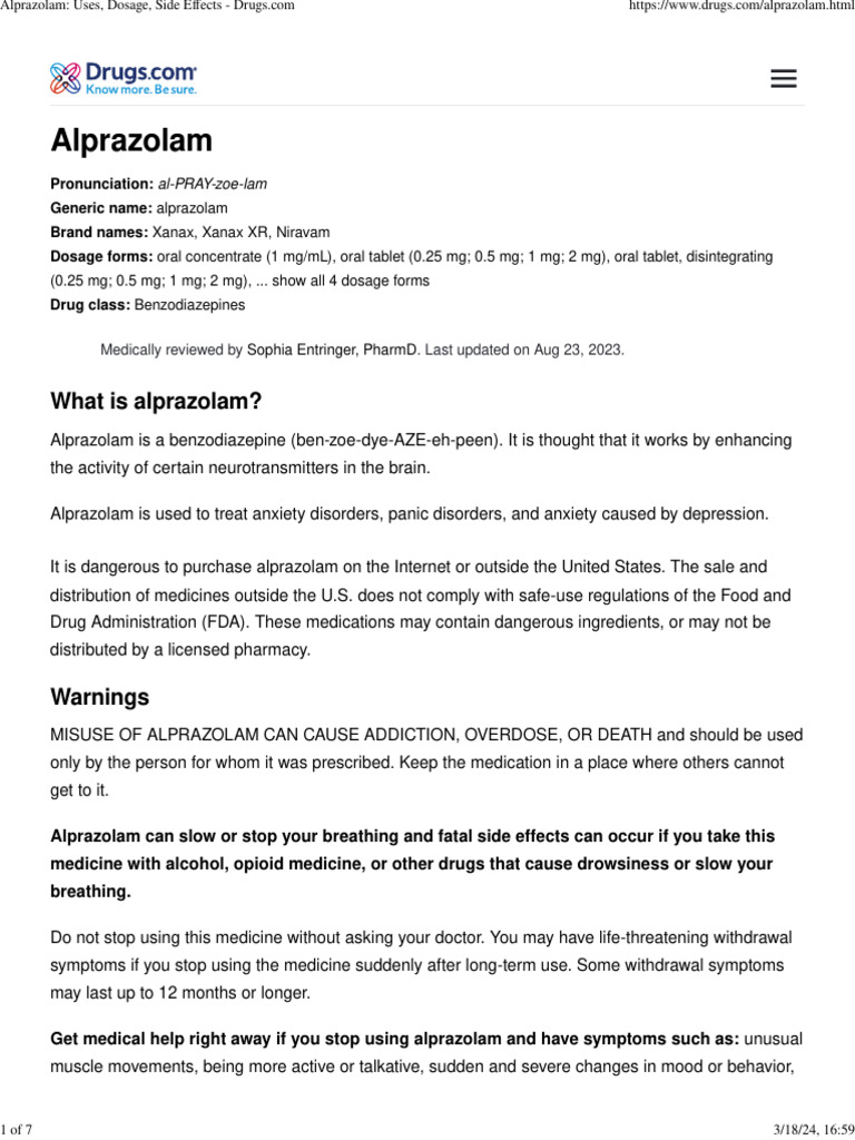 Alprazolam Uses, Dosage, Side Effects | PDF | Dose (Biochemistry ...